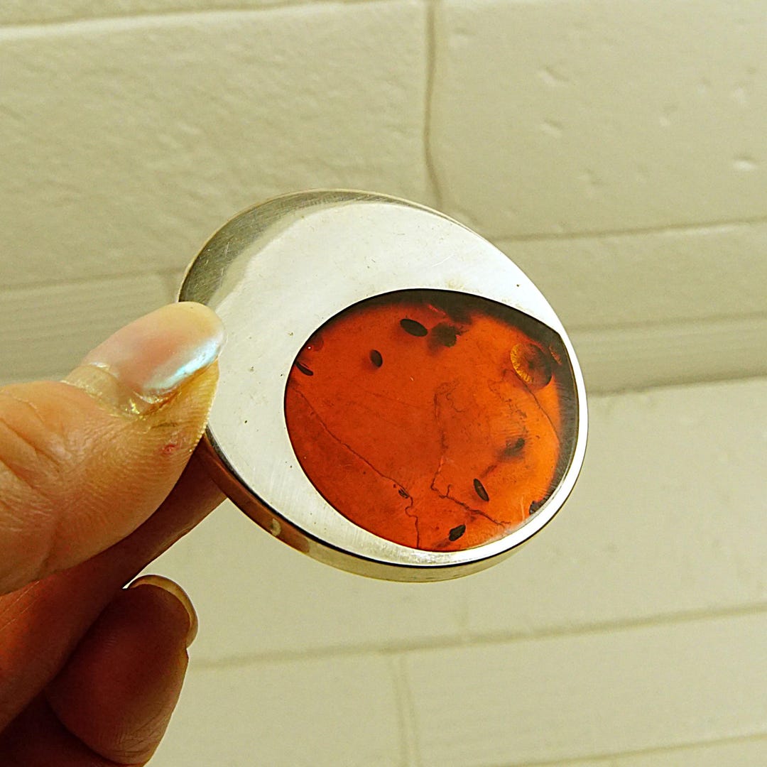 2" Huge Disc Amber Brooch - 925 Sterling Silver - Modernist Designer ...