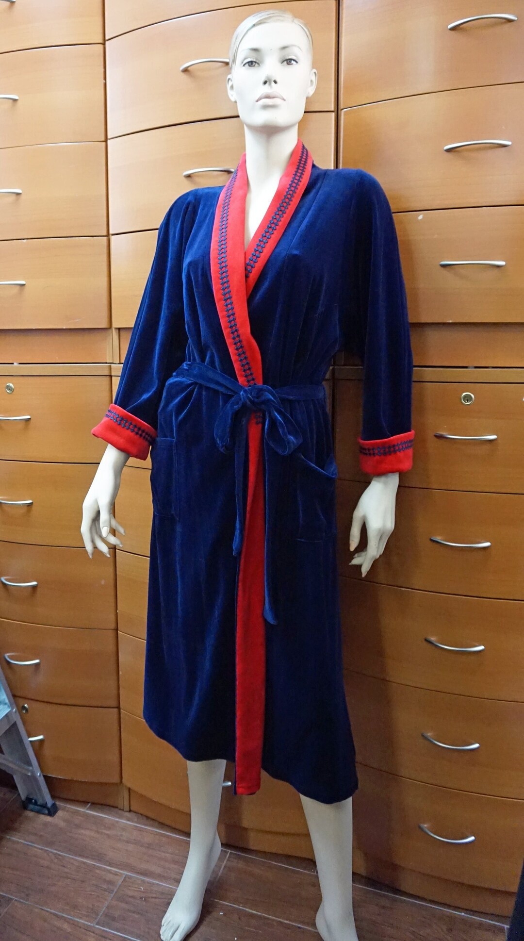 Navy Blue Velour Robe, European Cotton Mid-calf, New Old Stock - Etsy