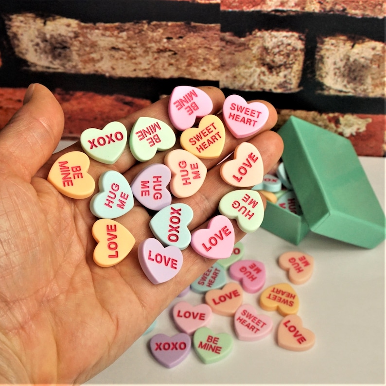 PASTEL CONVERSATION HEARTS Cabochons Resin Hearts With Words - Etsy