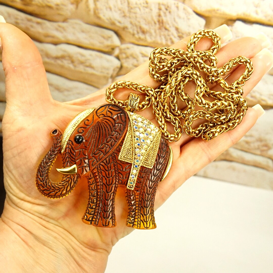 RESIN AMBER ELEPHANT Wheat Chain Necklace, Swarovski Crystals Decor ...