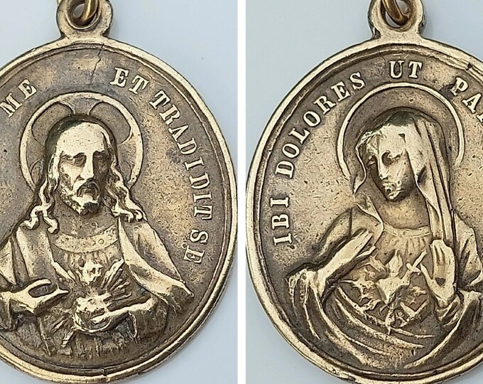 1 1/4" Mater Dolorosa + Sacred Heart of Jesus Medal--antique Our Lady ...