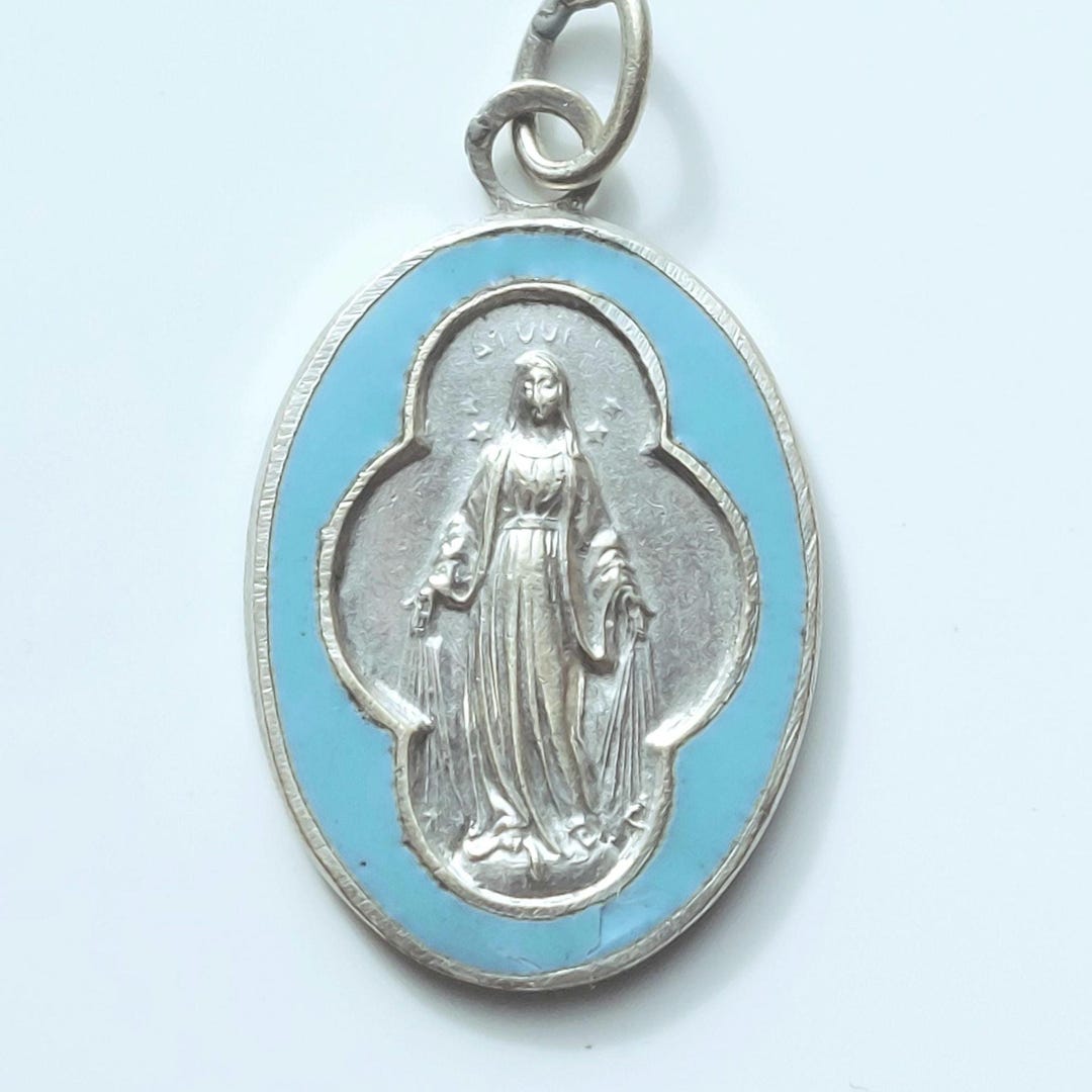 Antique Light Blue Enamel Miraculous Medal, Oval Art Deco Quatrefoil Frame Design—small Vintage ...