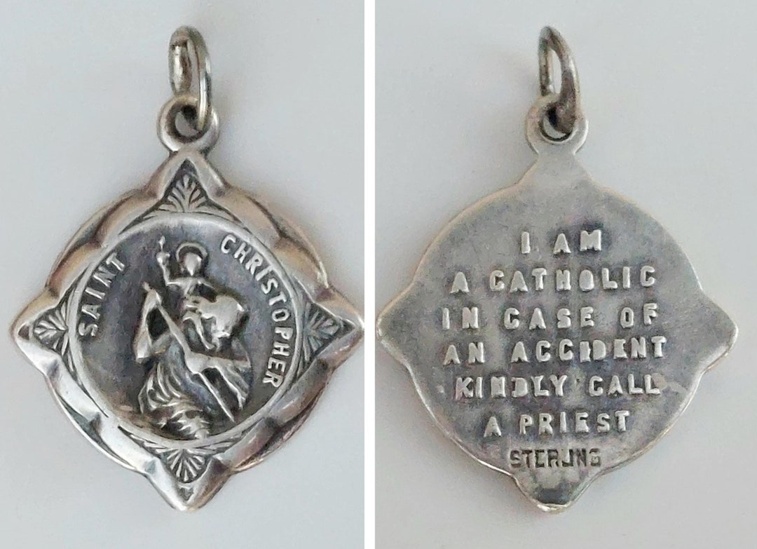 Vintage Sterling St Christopher Medal + ID Message I Am a Catholic ...