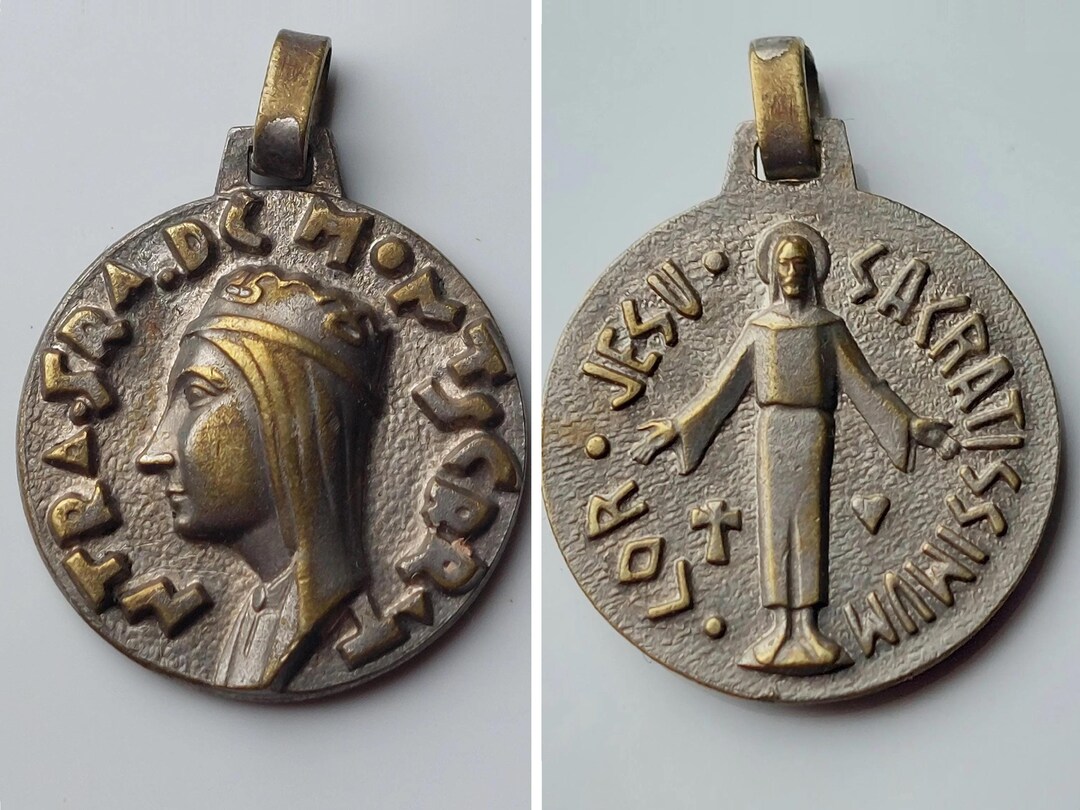 3/4 Montserrat Sacred Heart Medal: Round Vintage Bronze Fernand Py ...