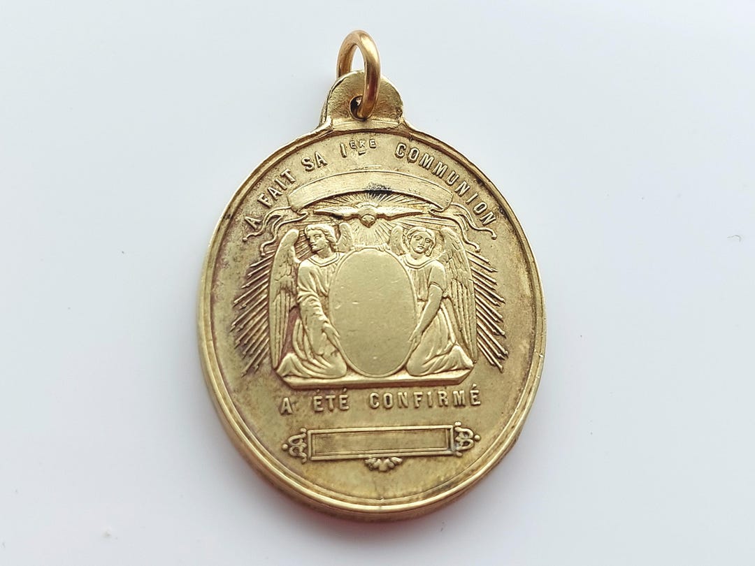 Antique Confirmation + First Communion Medal: Large Vintage Oval Priest ...