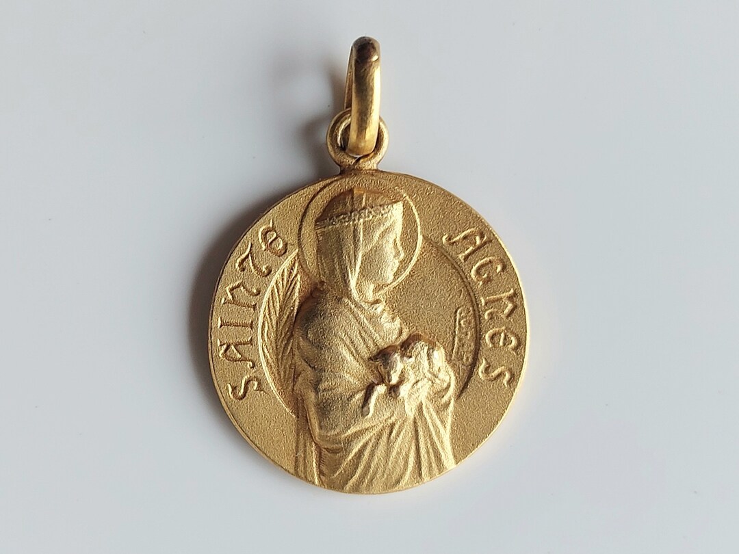 St Agnes Gold-plated Medal: Round Vintage French Catholic Necklace ...