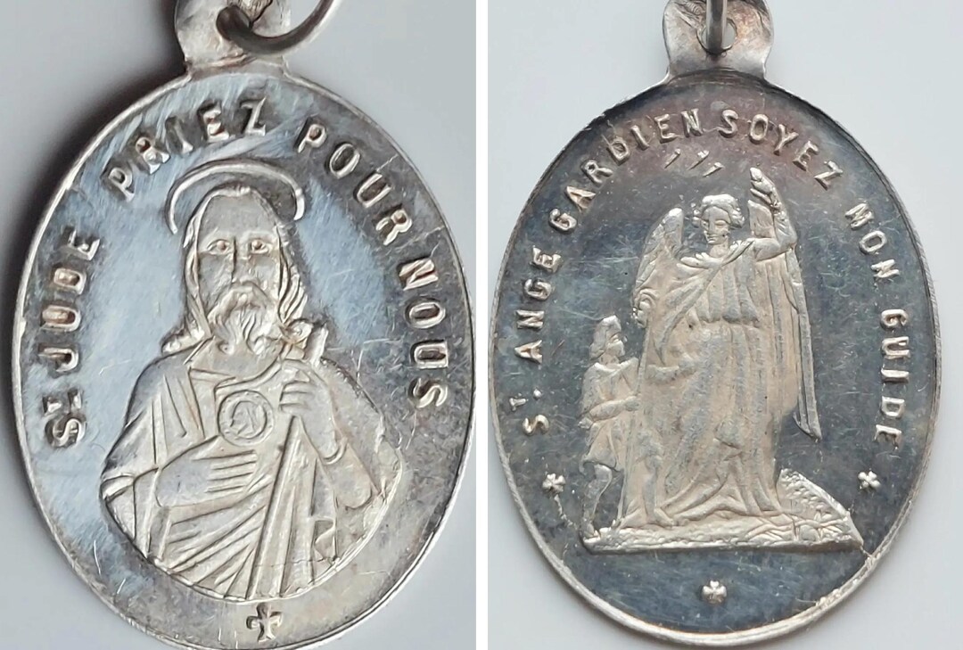THIN Silver St Jude & Guardian Angel Medal—small Antique Oval French ...