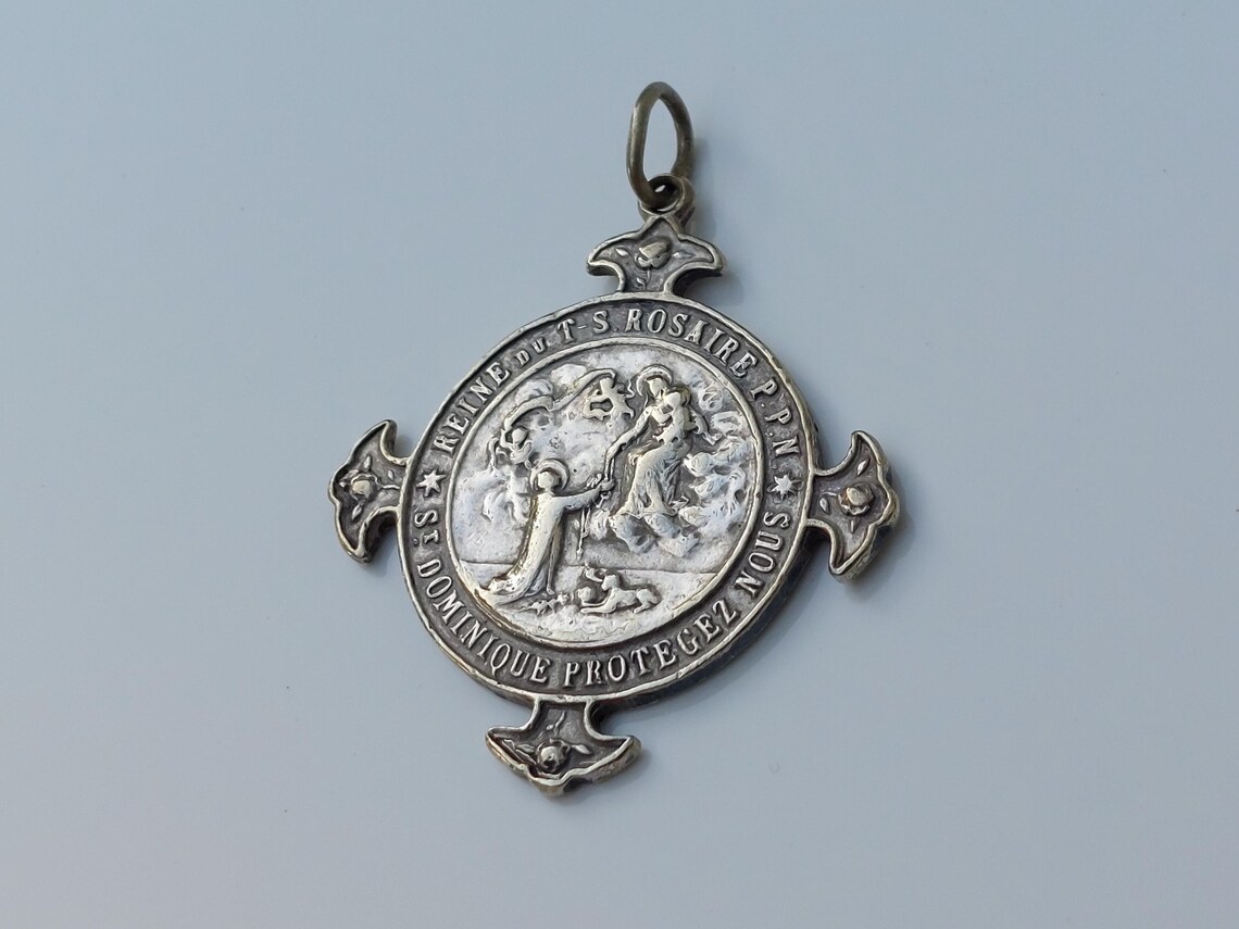 Large St Dominic Pendant Medal W Our Lady of Lourdes, Rosary: Vintage ...