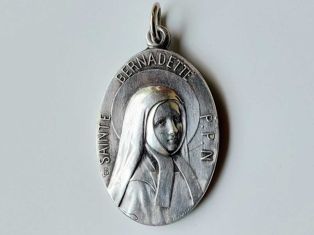 Large St Bernadette Soubirous Medal/vintage French Necklace Pendant W Patron Saint of Illness ...