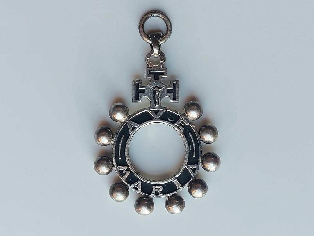 2" Ave Maria + Crucifix Scout Ring Rosary Pendant—vintage Loop + Bail ...