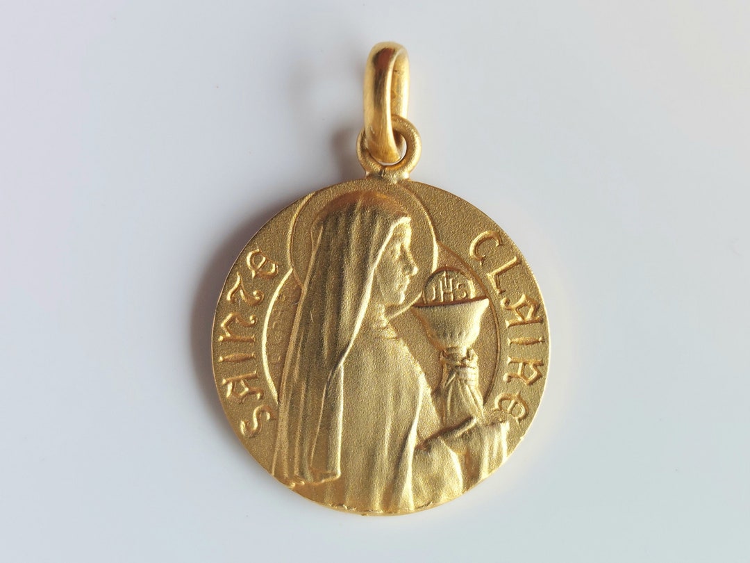 St Clare of Assisi Medal: Round Gold-plated Vintage French Catholic ...
