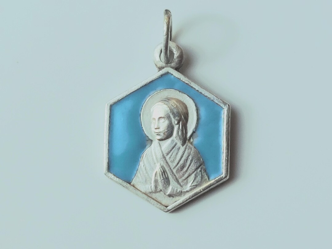 1/2" Vintage St Bernadette Soubirous Medal—blue Enamel French Catholic ...