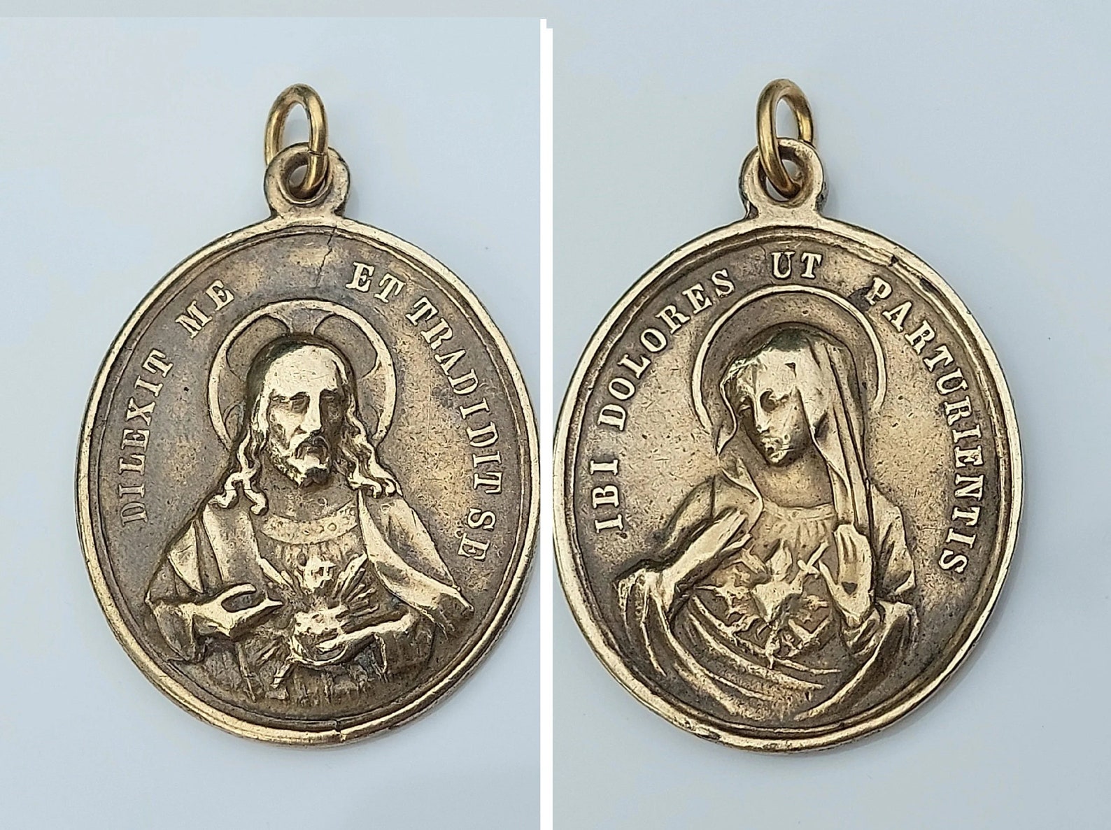 1 1/4" Mater Dolorosa + Sacred Heart of Jesus Medal--antique Our Lady ...