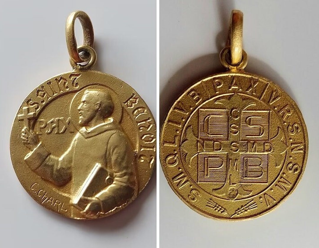 St Benedict Gold-plated Medal: Vintage Catholic Pendant W Benedictine ...