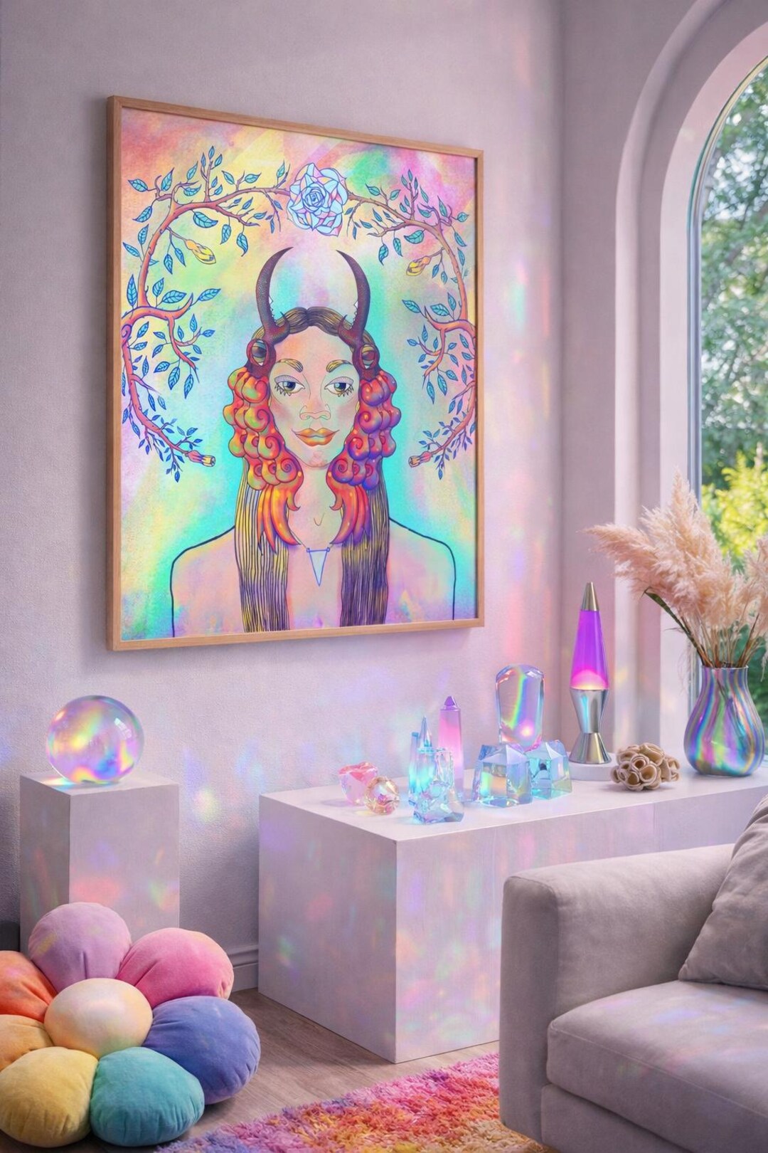 Psychedelic Goddess Art Print | Colorful Horned Portrait (digital ...