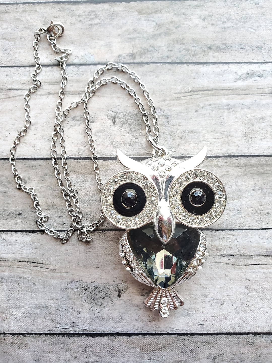SALE, Large Owl Pendant, Chain Silver, Owl With Rhinestones, Owl ...