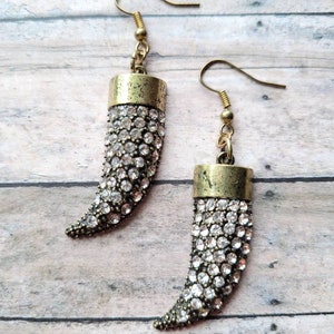 Crystal Tusk Earrings, Boho Statement Earrings, Antique Gold Earrings ...
