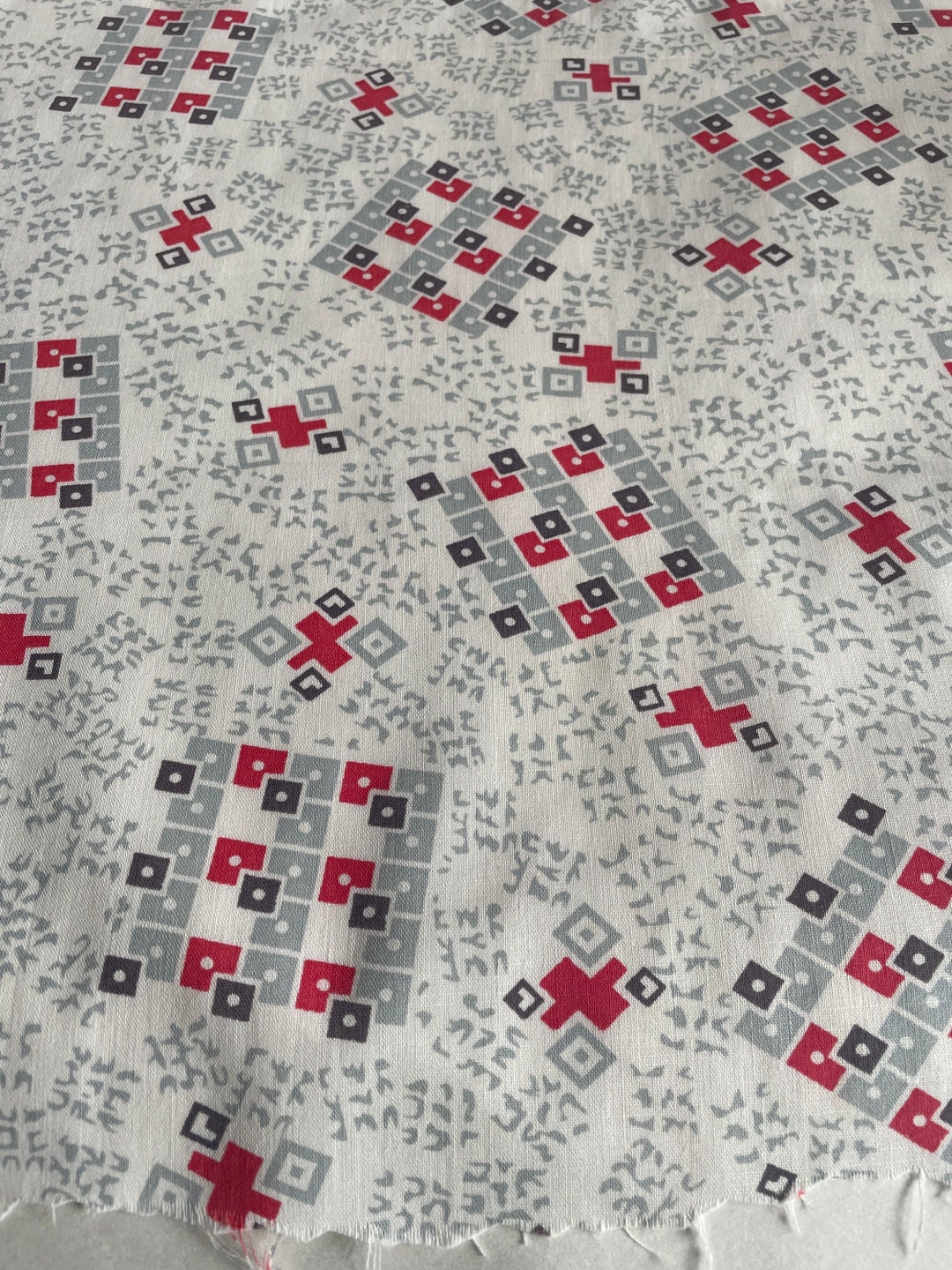 Mid Century Modern MCM Fabric 1950s 1960s Geometric Pattern in Red and ...