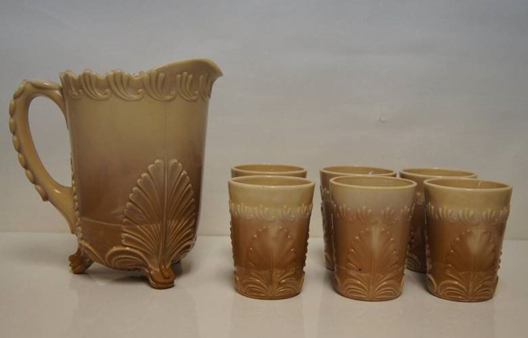 Antique Greentown Indiana Chocolate Pressed Glass Leaf Braket Pitcher ...