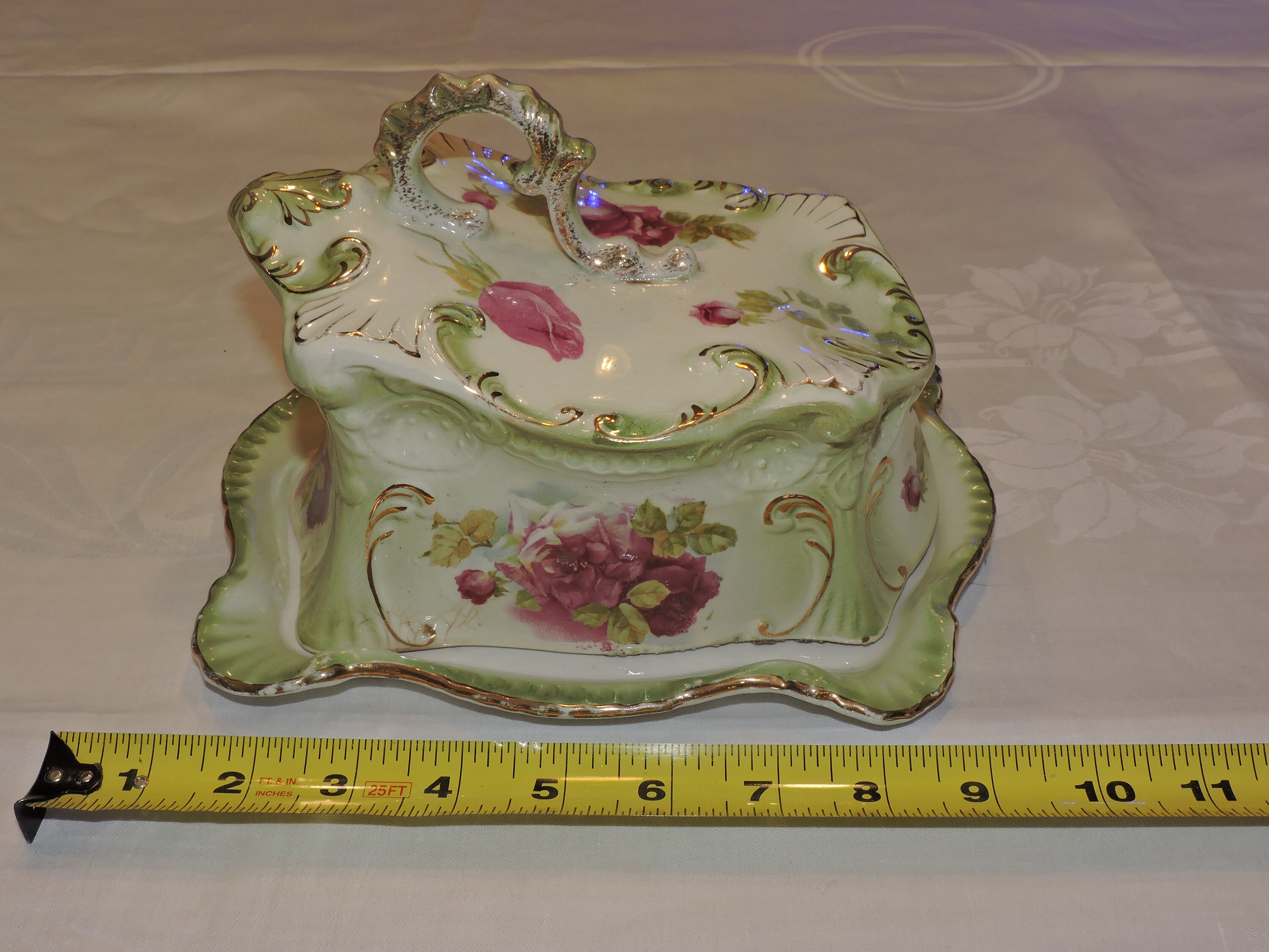 Vintage Embossed Porcelain Green & Floral Pattern Covered - Etsy Schweiz