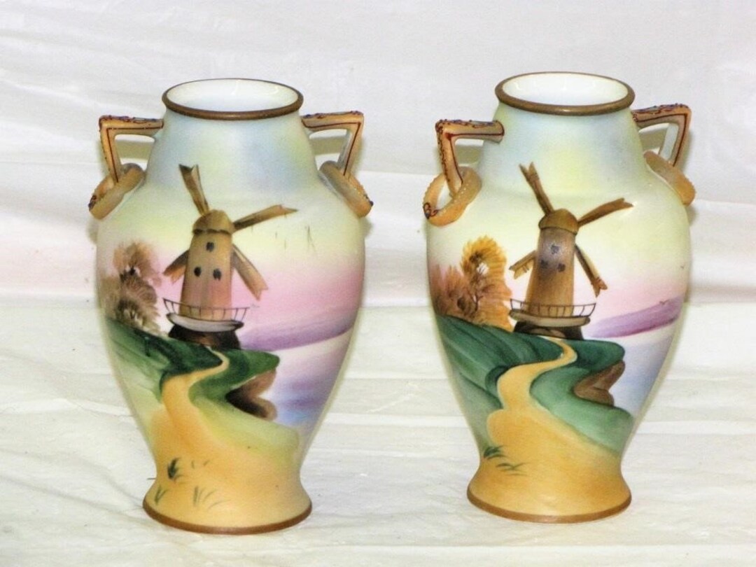 A Pair of Small 6" Hand Painted Nippon Scenic Windmill Landscape Vases ...
