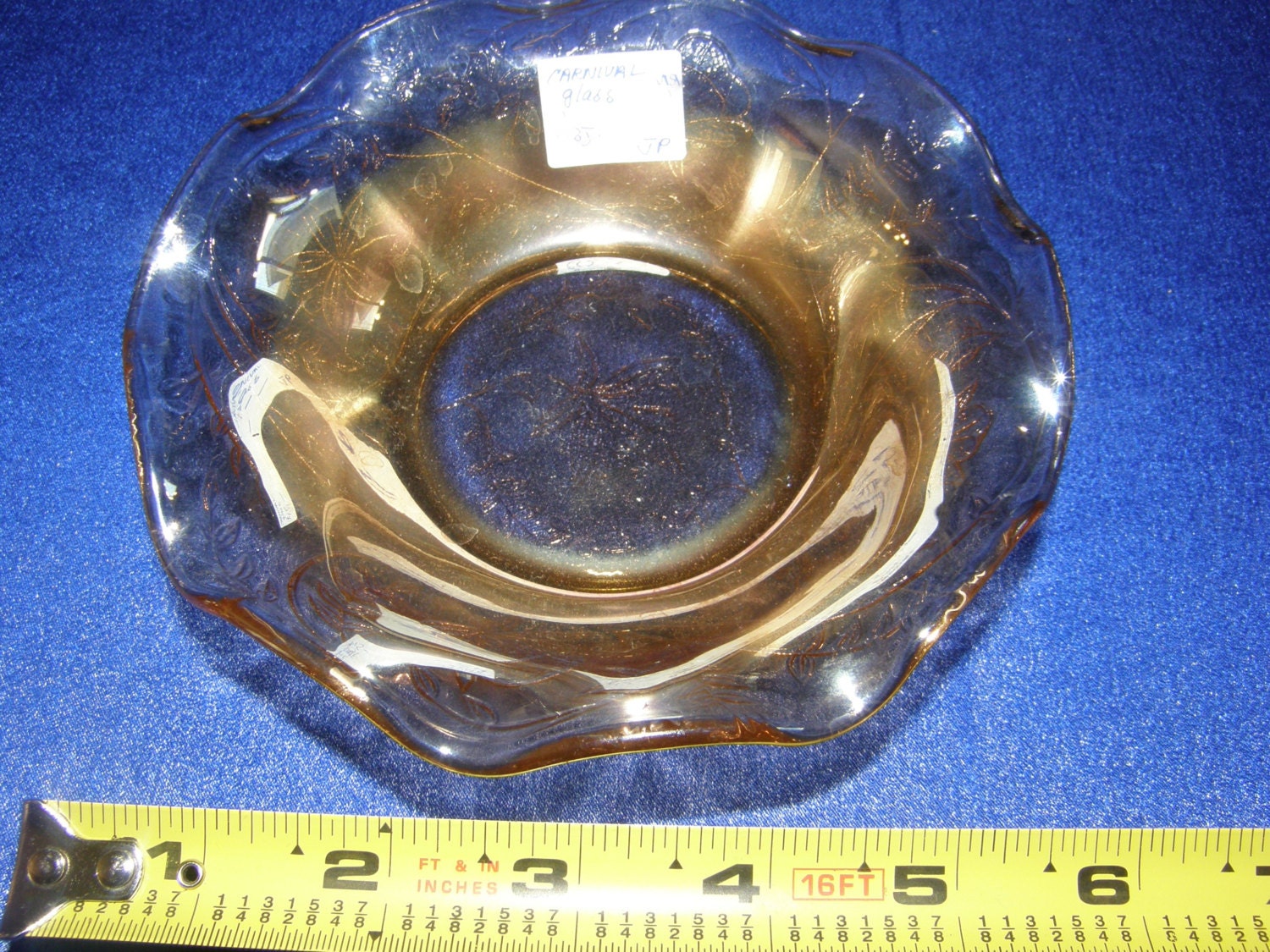 Vintage CARNIVAL GLASS Bowl Ruffled Marigold Flowers Steams and Leaves ...