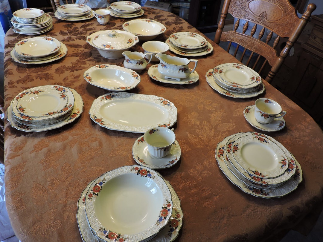 Vintage Myott ART DECO Orange & Blue Floral Embossed Dinnerware Set 57 ...