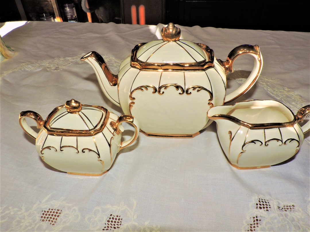 Vintage Sadler Pottery Cube Teapot Milk Jug & Sugar Bowl Cream Pearl ...