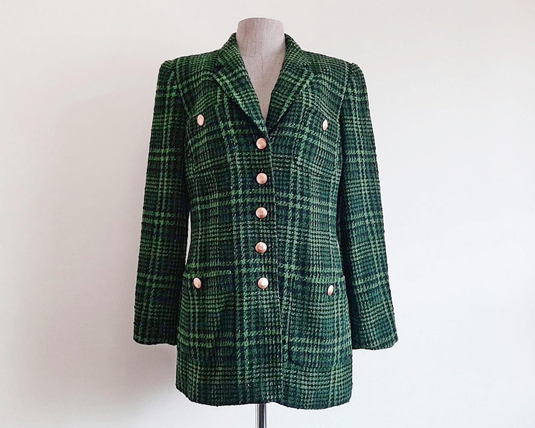Large Vintage RENA LANGE Black Green Plaid Blazer Womens Tartan Wool ...