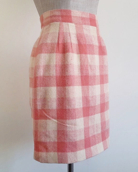 Cream Pink Check Skirt Vintage Wool Mini Skirt Womens… - Gem