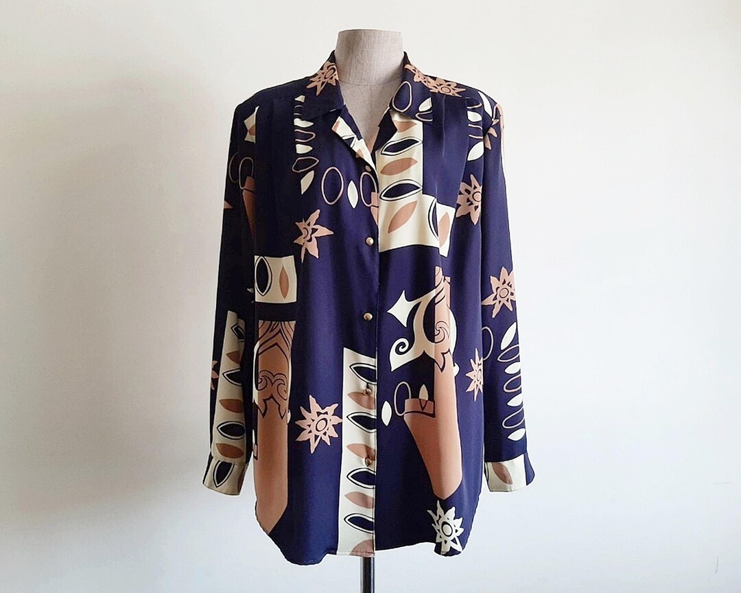 XXL Vintage Navy Blue Abstract Blouse Womens Novelty Print Shirt Long ...