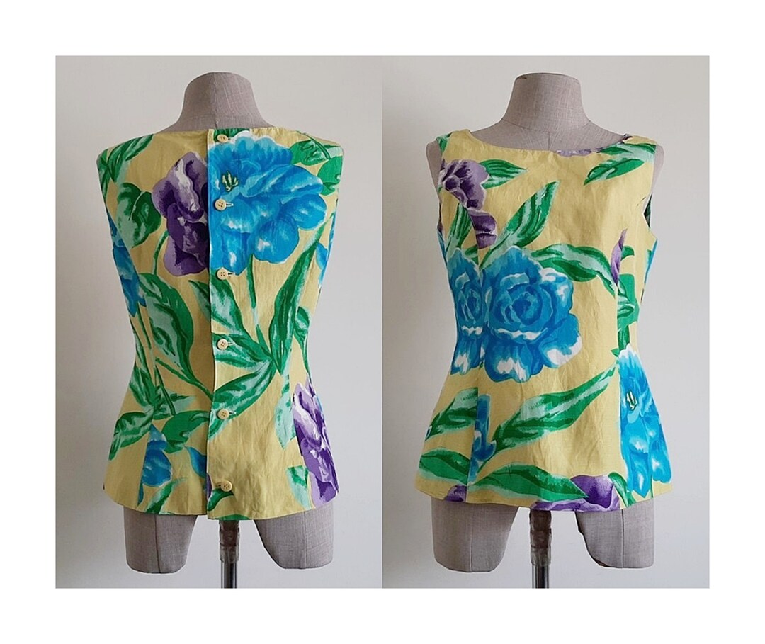 Blue Yellow Floral Top Vintage Linen Silk Top Womens Sleeveless Blouse ...