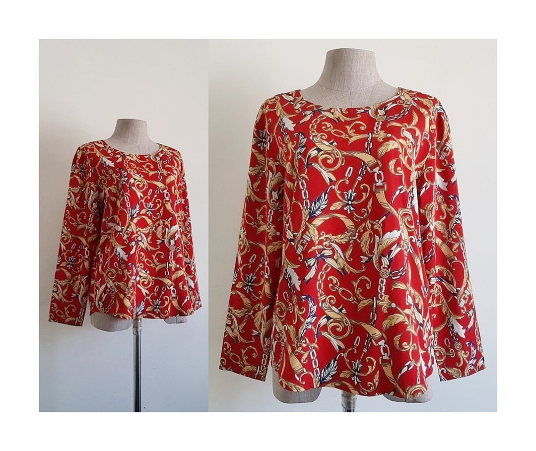 Red Baroque Blouse Vintage Chain Print Blouse Womens Long Sleeve Top ...