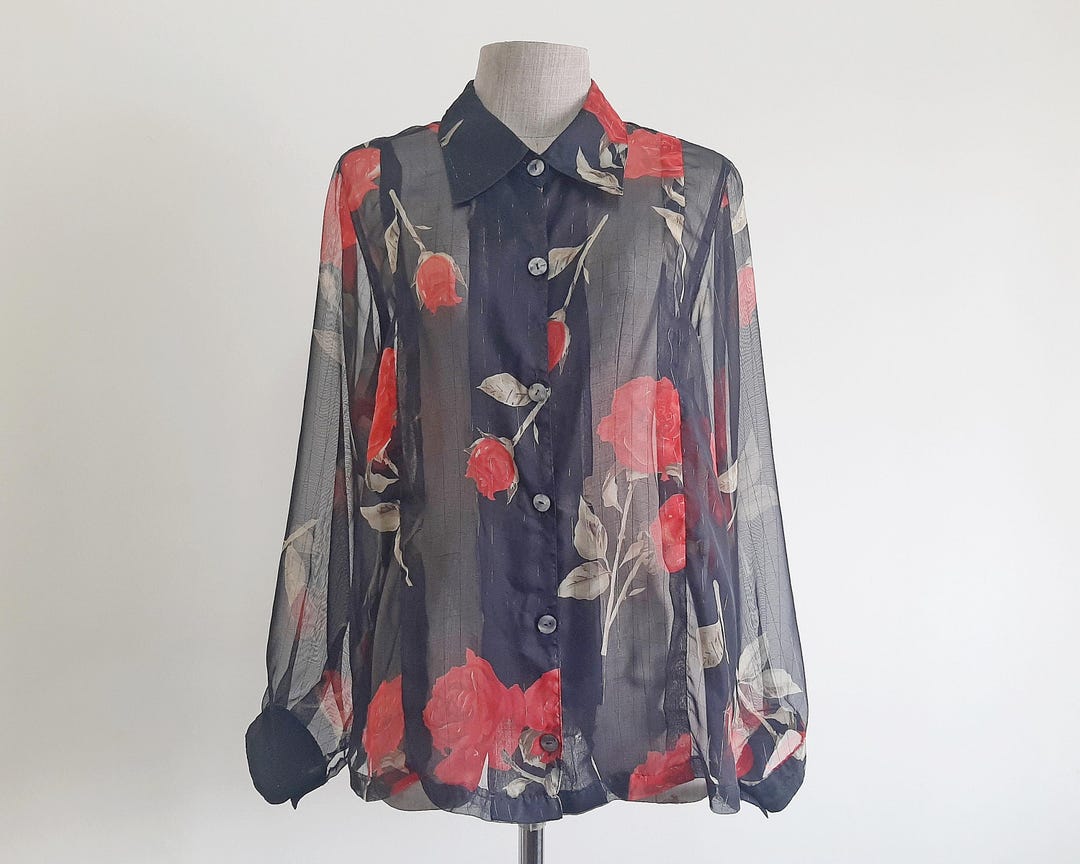 Black Red Rose Blouse Vintage Floral Print Blouse Womens Sheer Chiffon ...