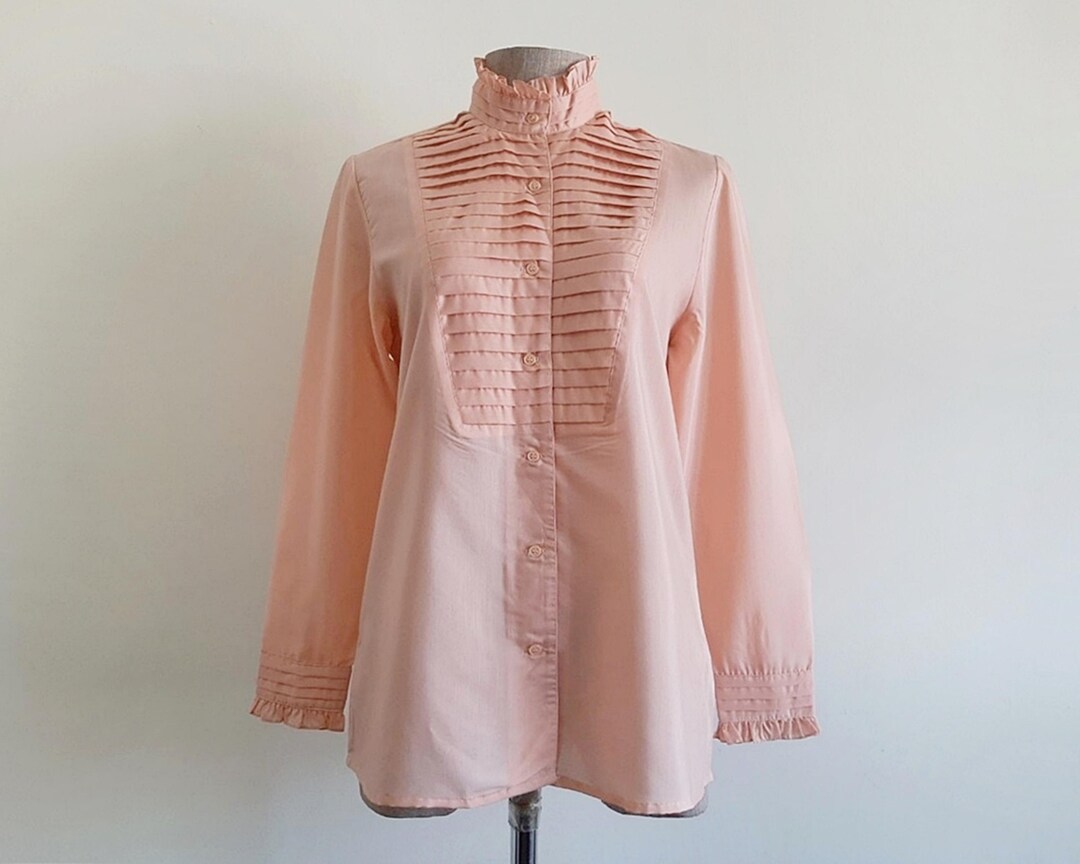 80s Vintage Peach Pleated Blouse XS | Polyester Cotton High Neck Collar ...