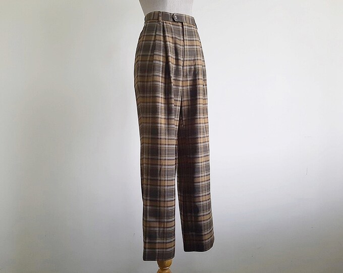 Brown Plaid Pants Vintage High Waisted Pants Womens Tartan Trousers ...