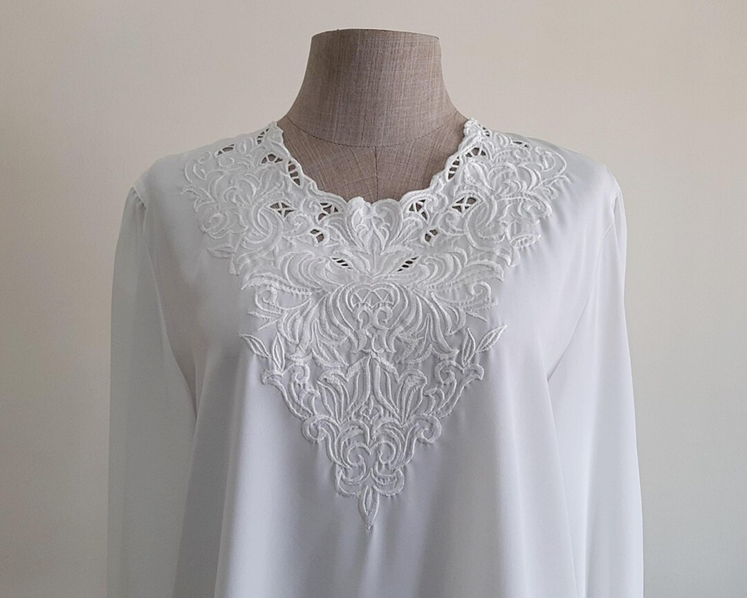 White Embroidered Blouse Vintage Puff Sleeve Blouse Womens Button Back ...