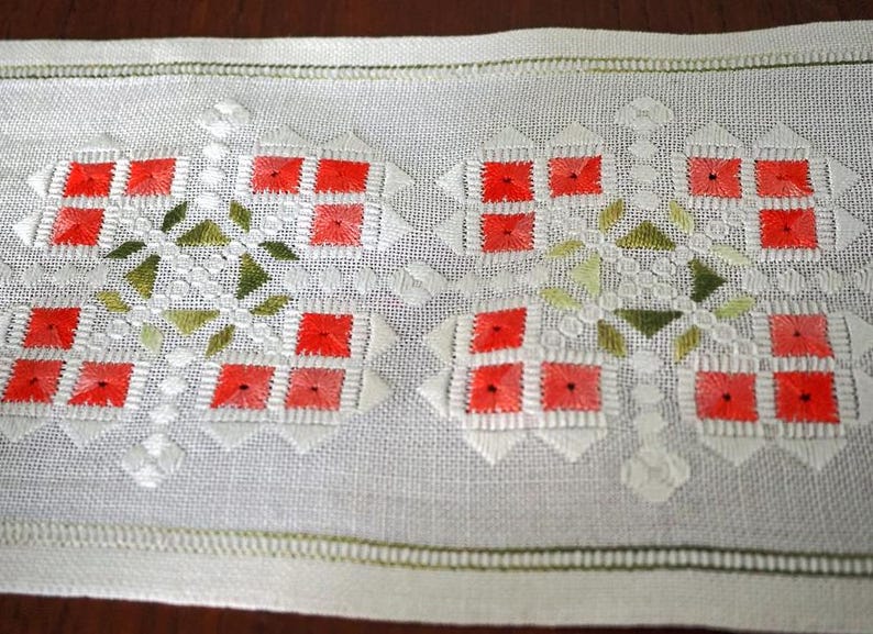 Norwegian Satin Stitch Pulled Thread Doily Runner White Coral Green ...