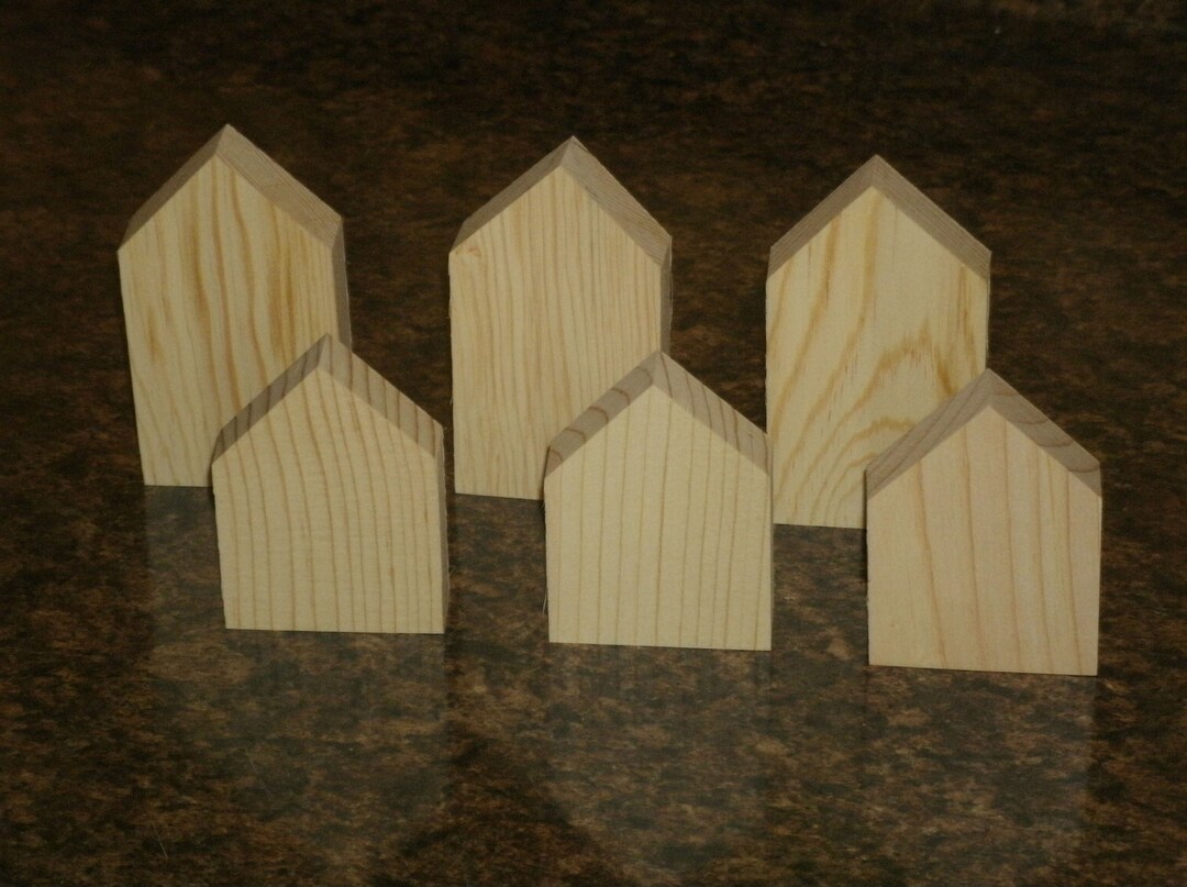 6 Small Unfinished Wood House Shapes, Wooden House, Wooden Blocks, Wood ...