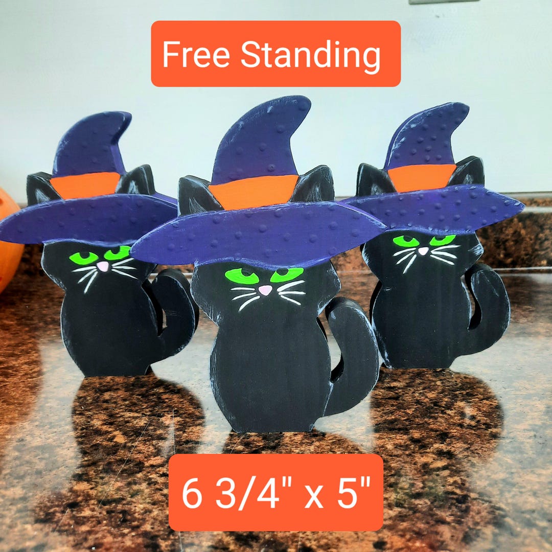 Wooden Black Witch Cat, Black Cat, Halloween Black Cat, Witch Cat ...