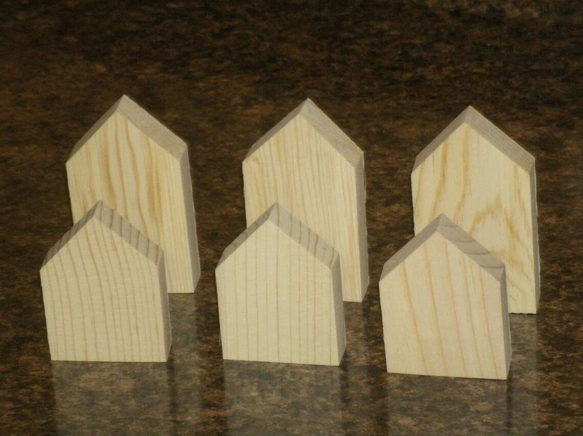 6 Small Unfinished Wood House Shapes, Wooden House, Wooden Blocks, Wood ...
