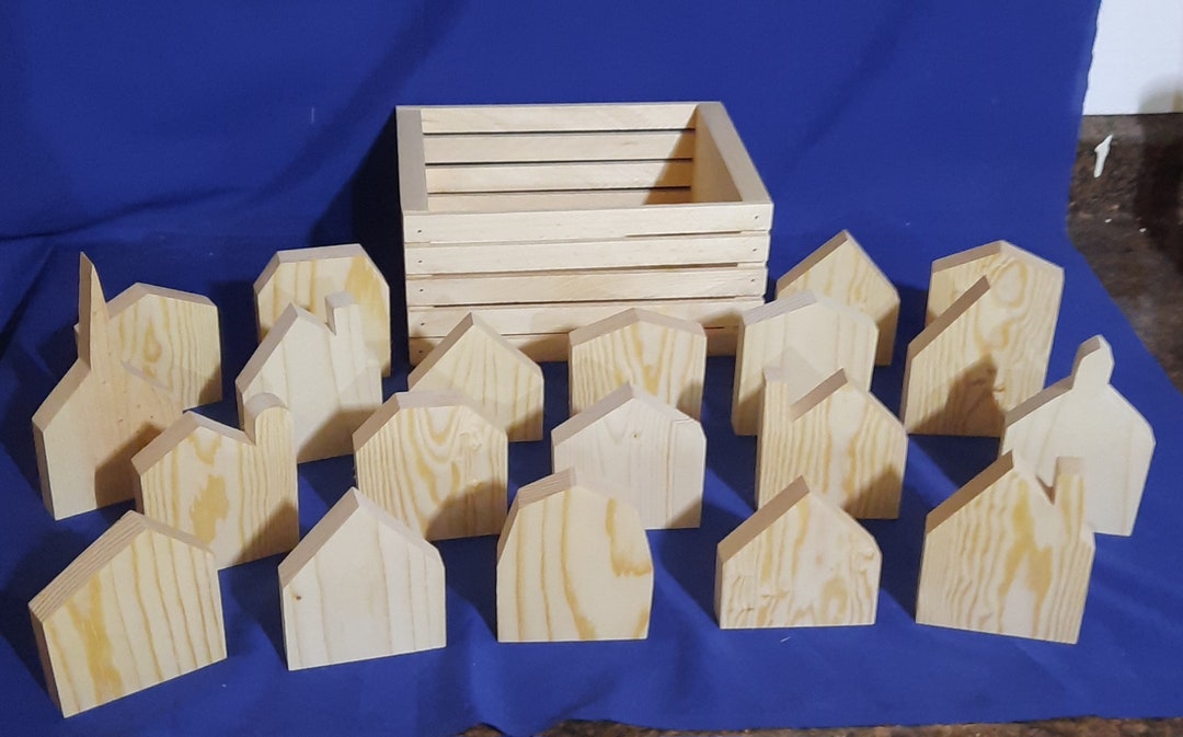 20 Assorted Unfinished House Shapes, Wooden Christmas Village, Wooden ...