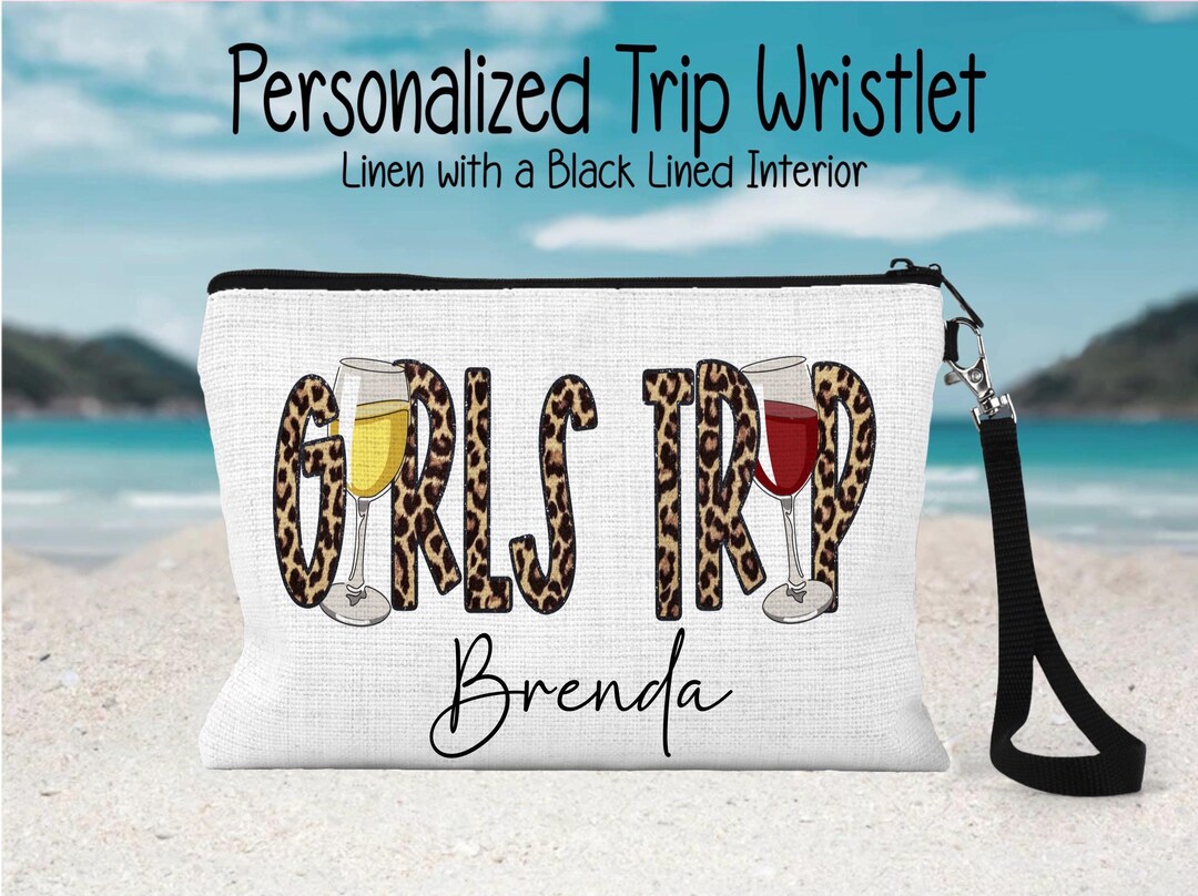 Girls Wine Trip Lined Cosmetic Bag, Personalized Girls Trip Bag, Girls ...