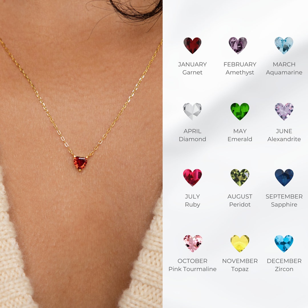 Heart Birthstone Necklace • Dainty Layering Charm Necklace ...