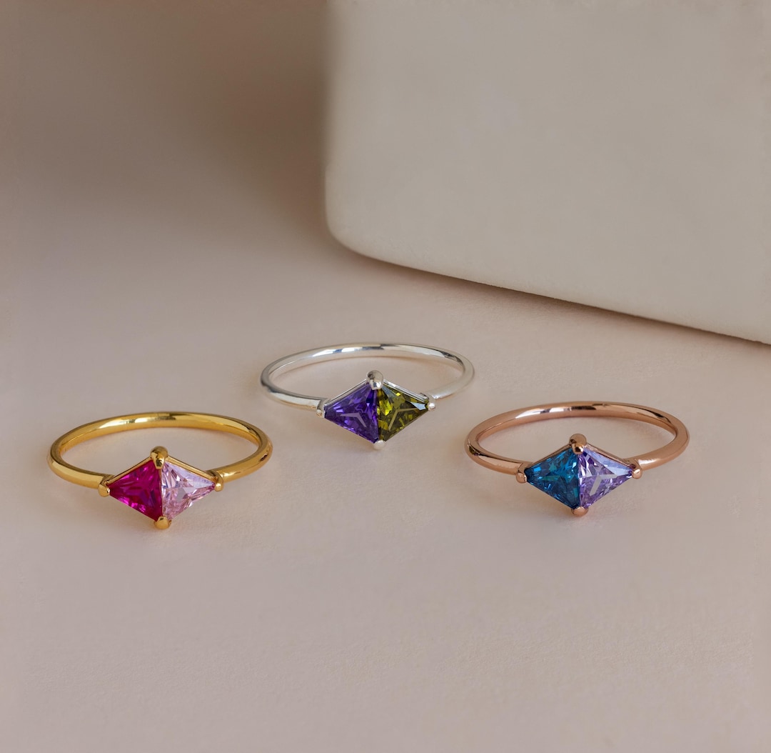 Toi Et Moi Duo Triangle Ring • Custom Birthstone Ring • Dainty Crystal ...
