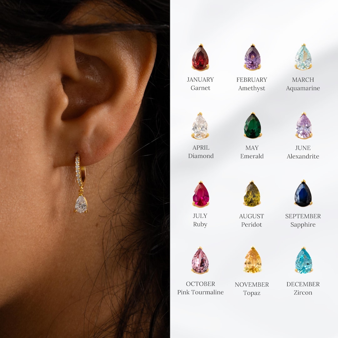 Birthstone Drop Huggies • Crystal Hoop Earrings • Custom Gemstone ...