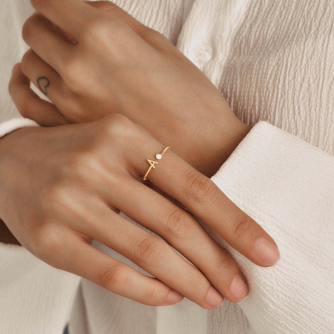 Custom Initial Birthstone Duo Ring • Personalized Tiny Letter Stackable ...