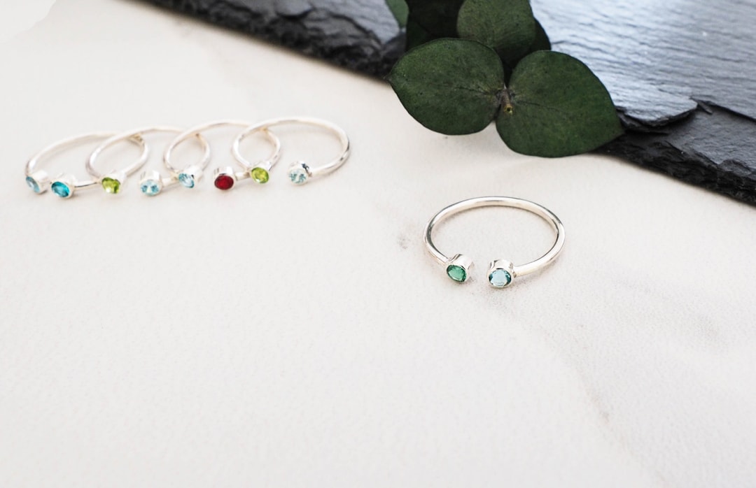 Dainty Birthstone Jewelry • Dual Birthstone Ring • Skinny Gemstone ...