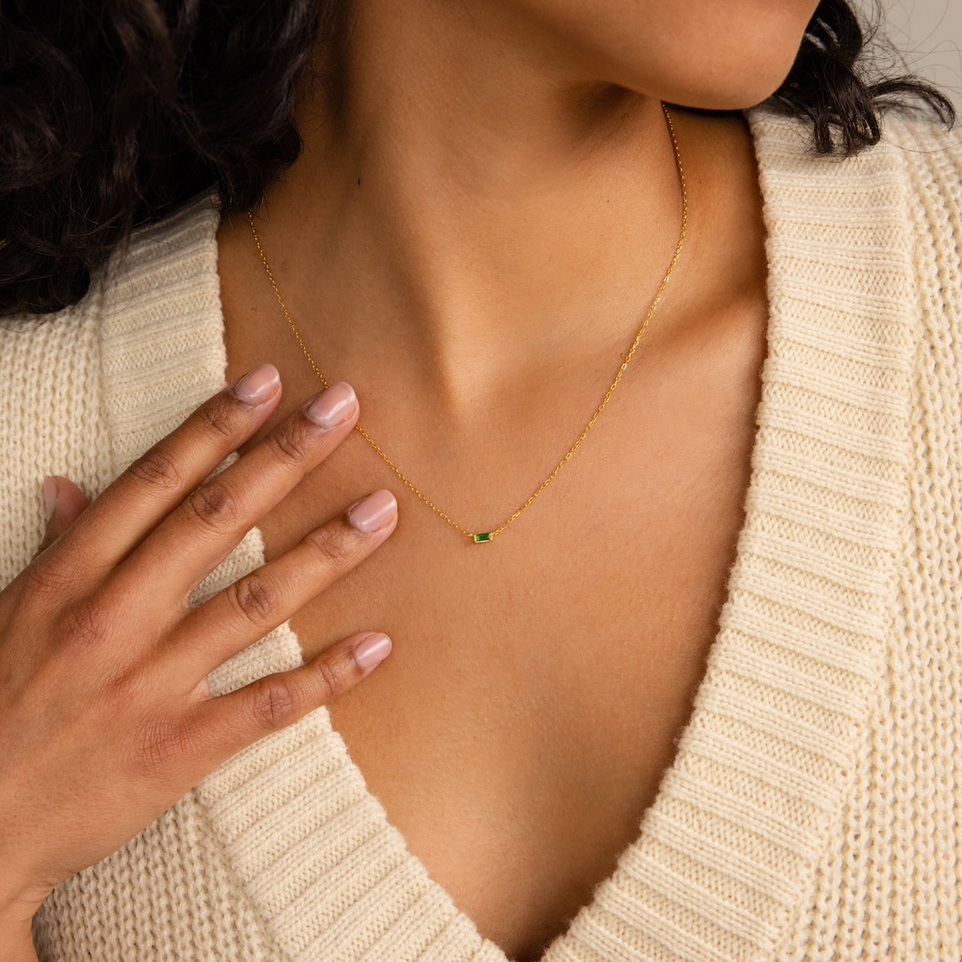 Baguette Birthstone Pendant Necklace • Dainty Gemstone Charm Necklace ...