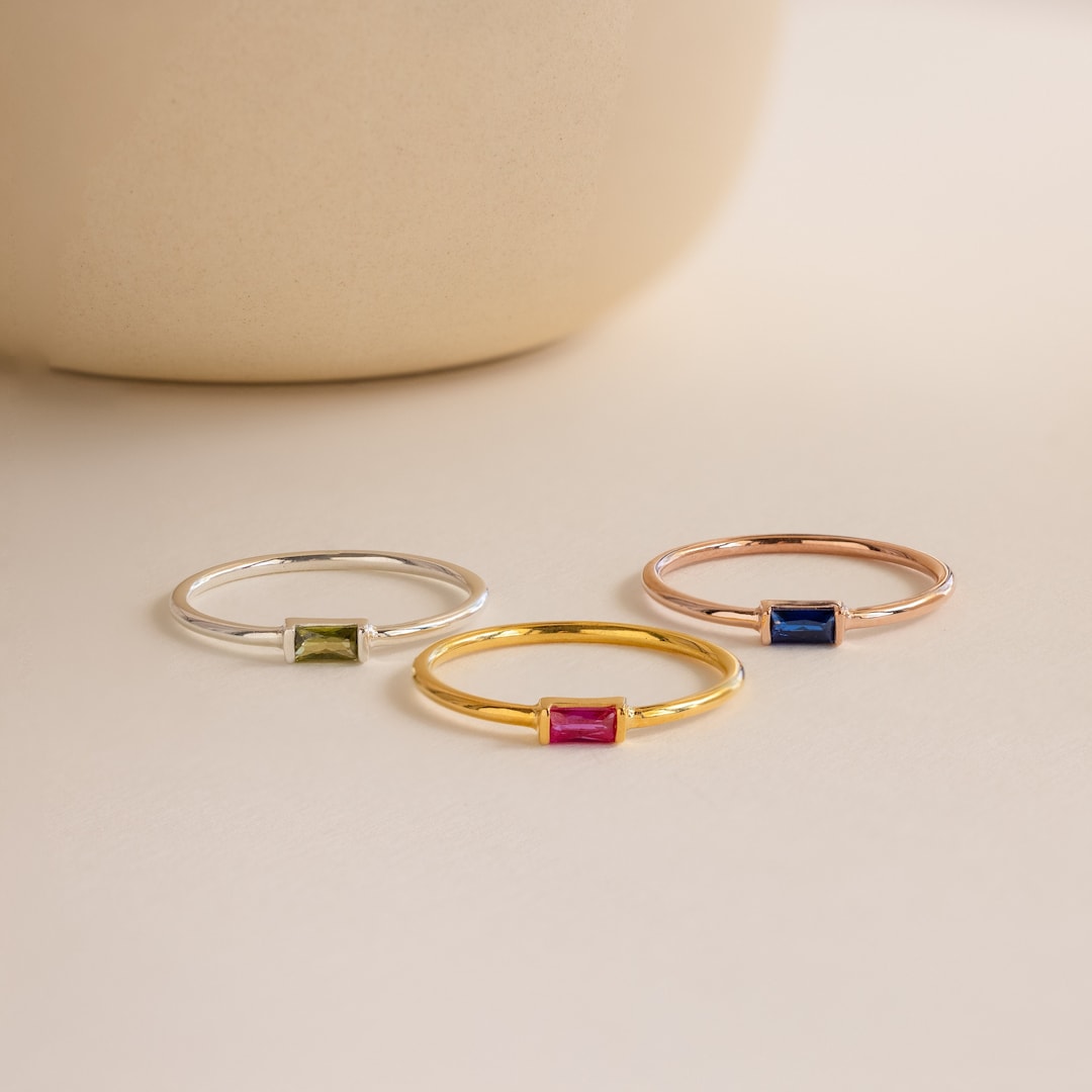 Custom Baguette Birthstone Ring • Dainty Stacking Ring • Personalized Birthstone Jewelry ...